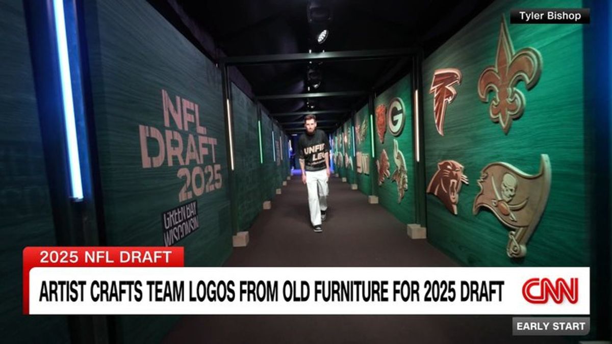 Artist crafts team logos from old furniture for 2025 NFL draft ...